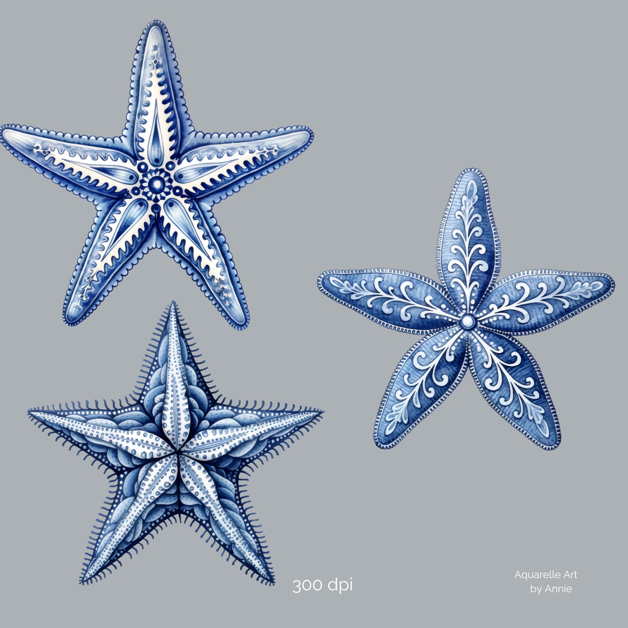 Watercolor Nautical Starfish Clipart, Blue Starfish Decorated Clipart ...