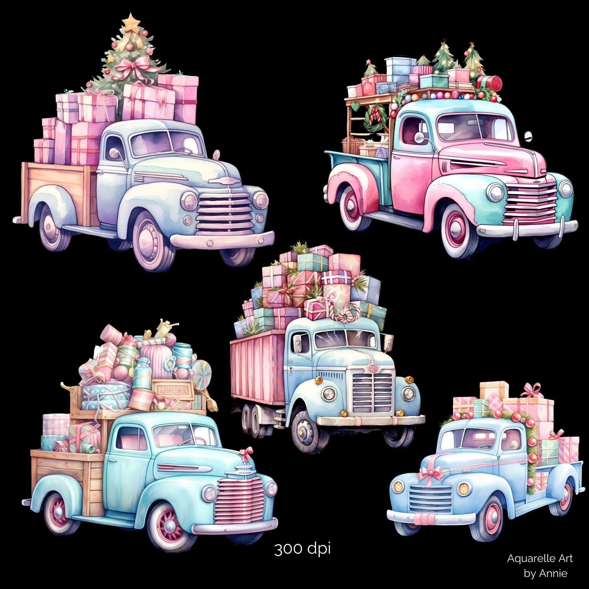 Watercolor Christmas Truck Clipart, Christmas Truck Clipart, Car With ...