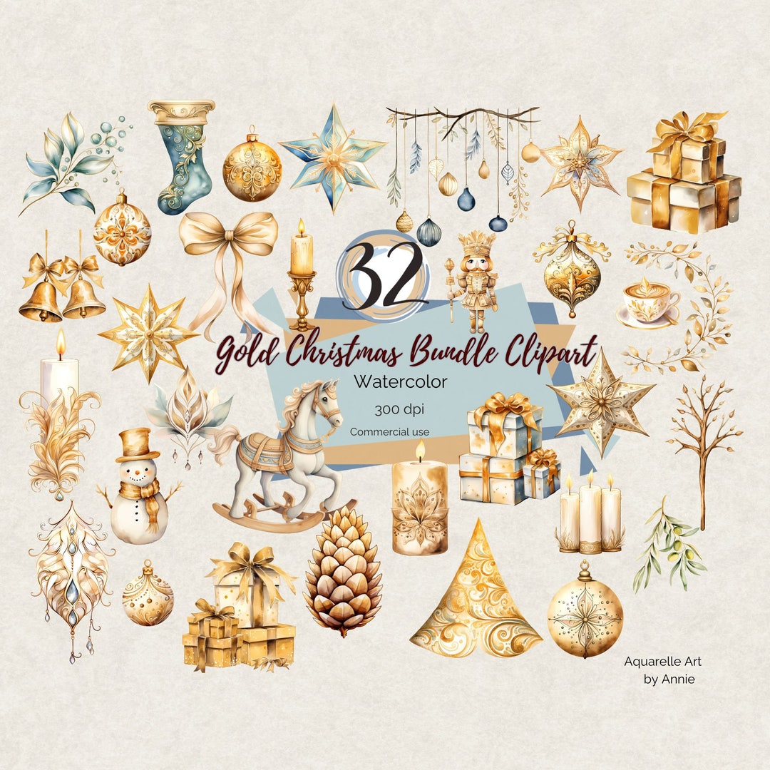 Watercolor Christmas Gold Clipart, Cute Christmas Gold Star Clipart ...