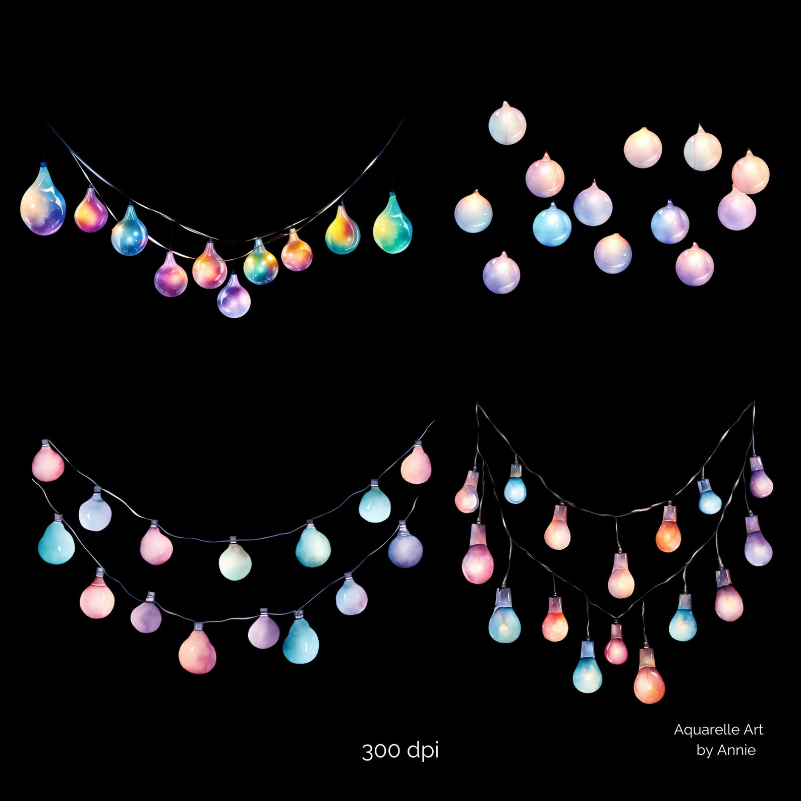 Watercolor Christmas Lights Clipart, String Lights Clipart, Xmas Lights ...