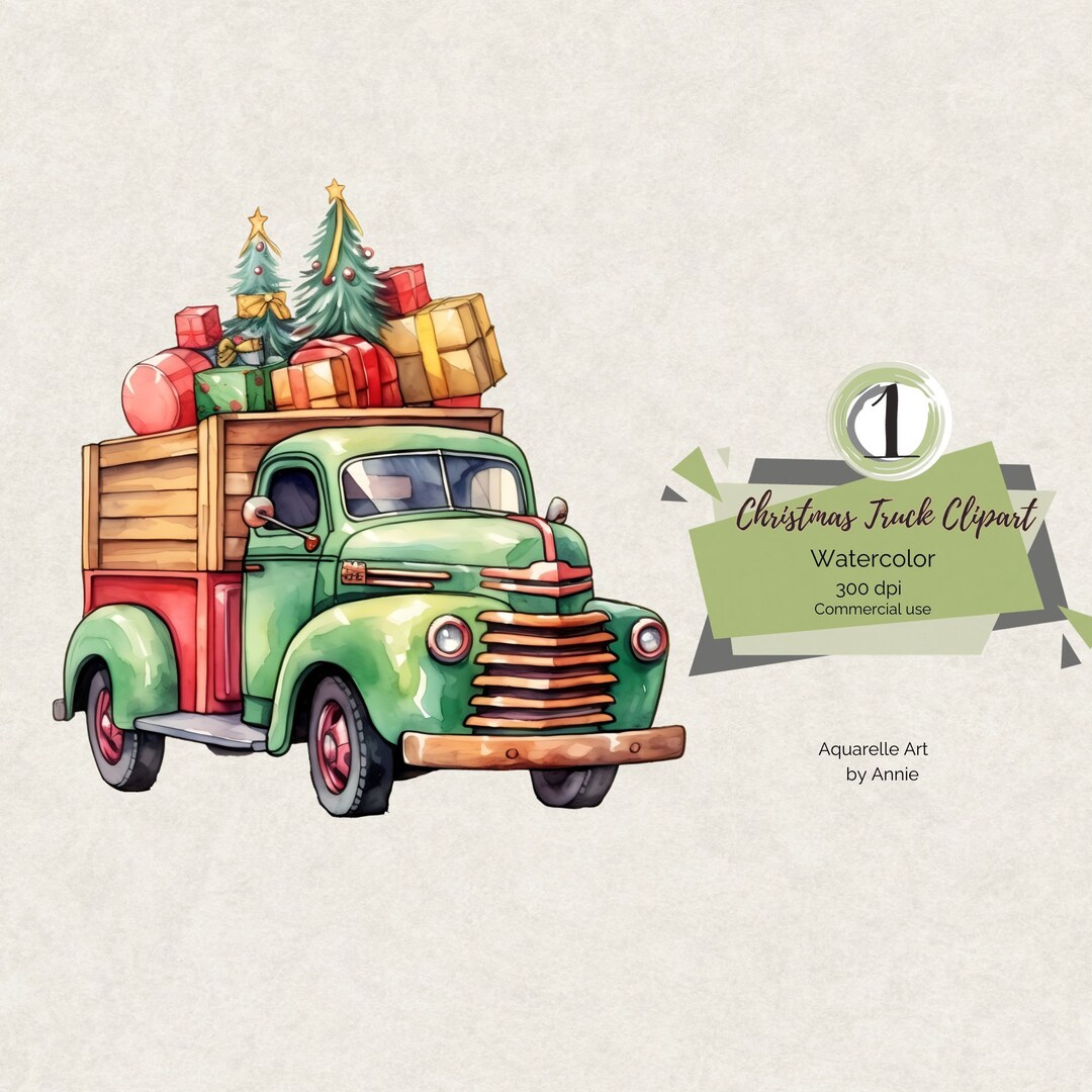 Watercolor Green Christmas Truck Clipart, Christmas Truck Clipart, Car ...
