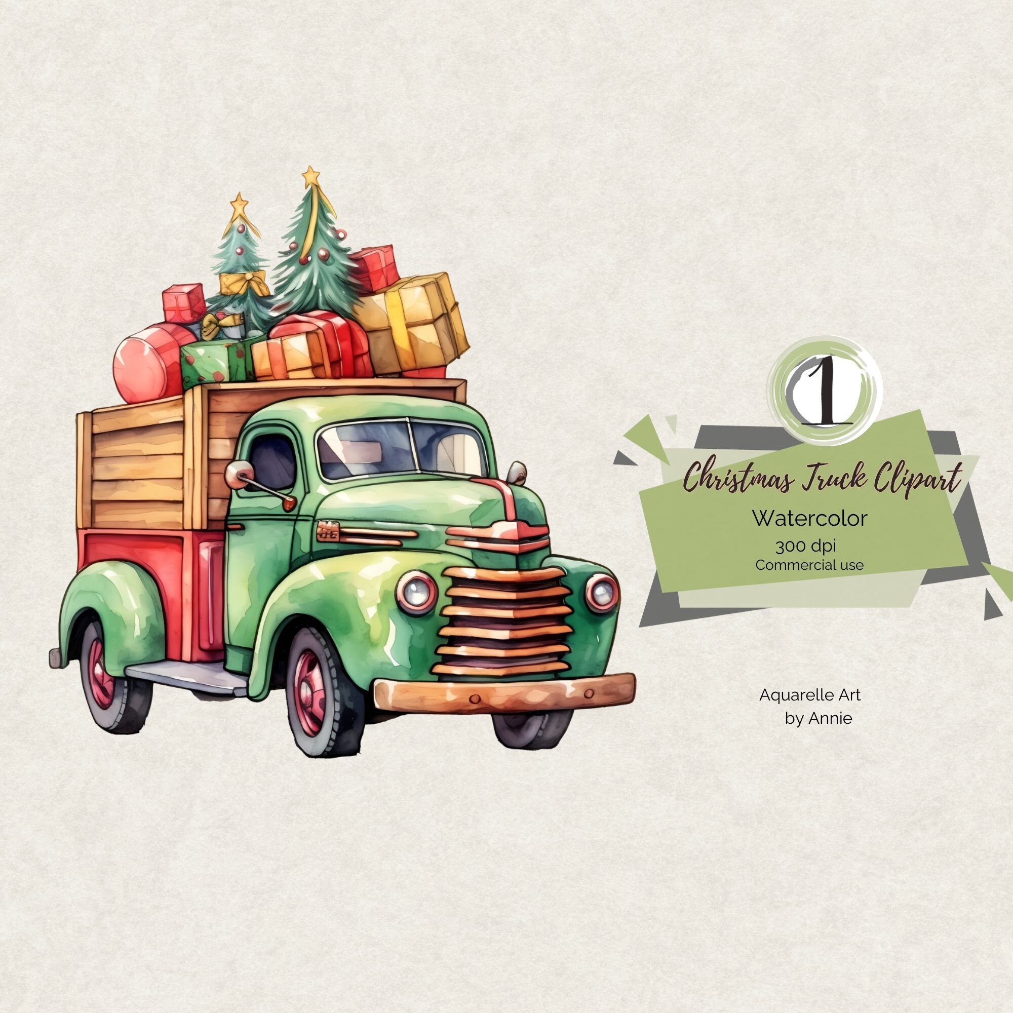 Watercolor Green Christmas Truck Clipart, Christmas Truck Clipart, Car ...