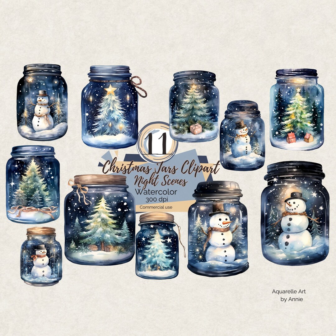 Watercolor Christmas Jars Clipart, Night Scene in a Jar Clipart, Xmas ...