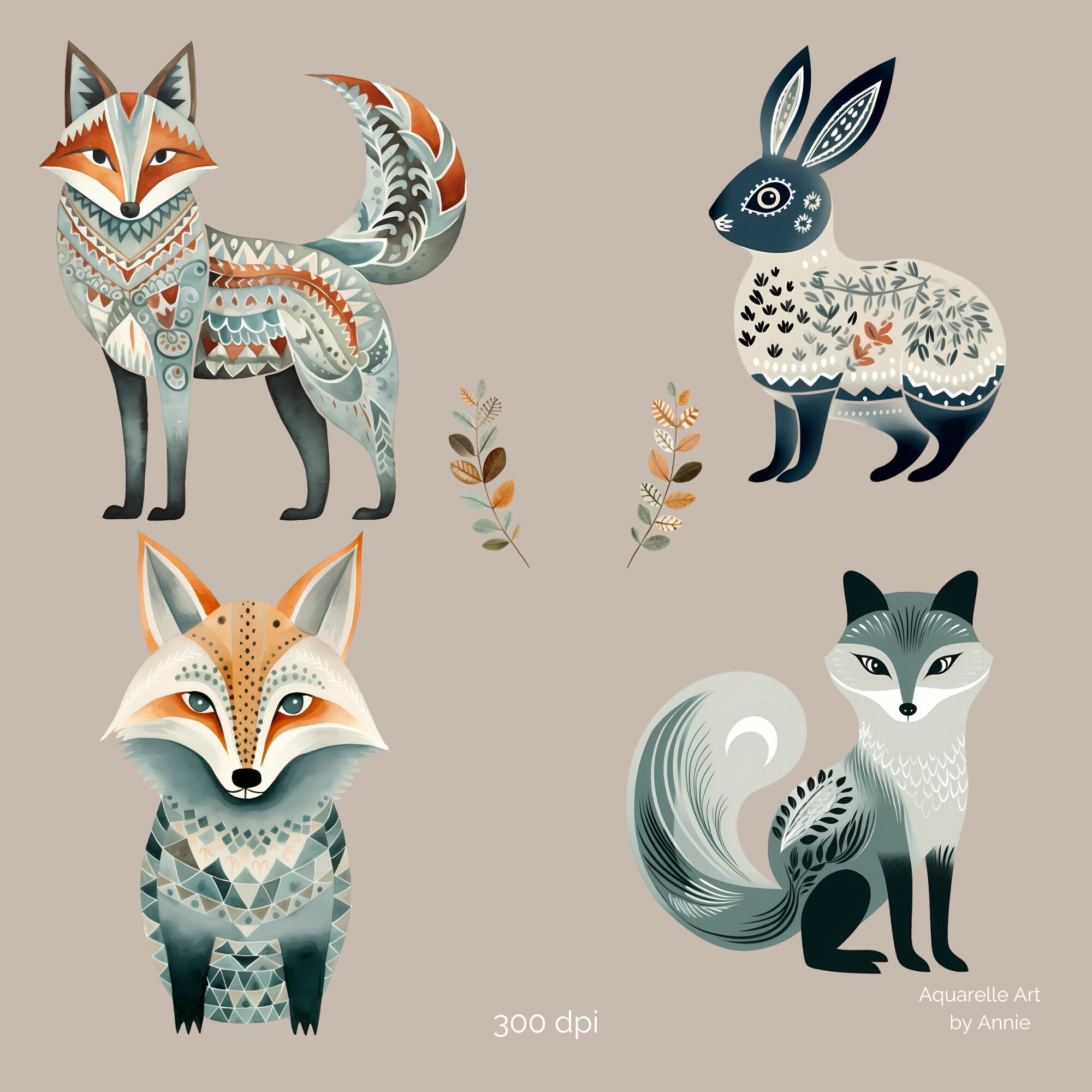 Watercolor Folk Art Green Clipart, Cute Folk Art Clipart, Fox Folk Art ...