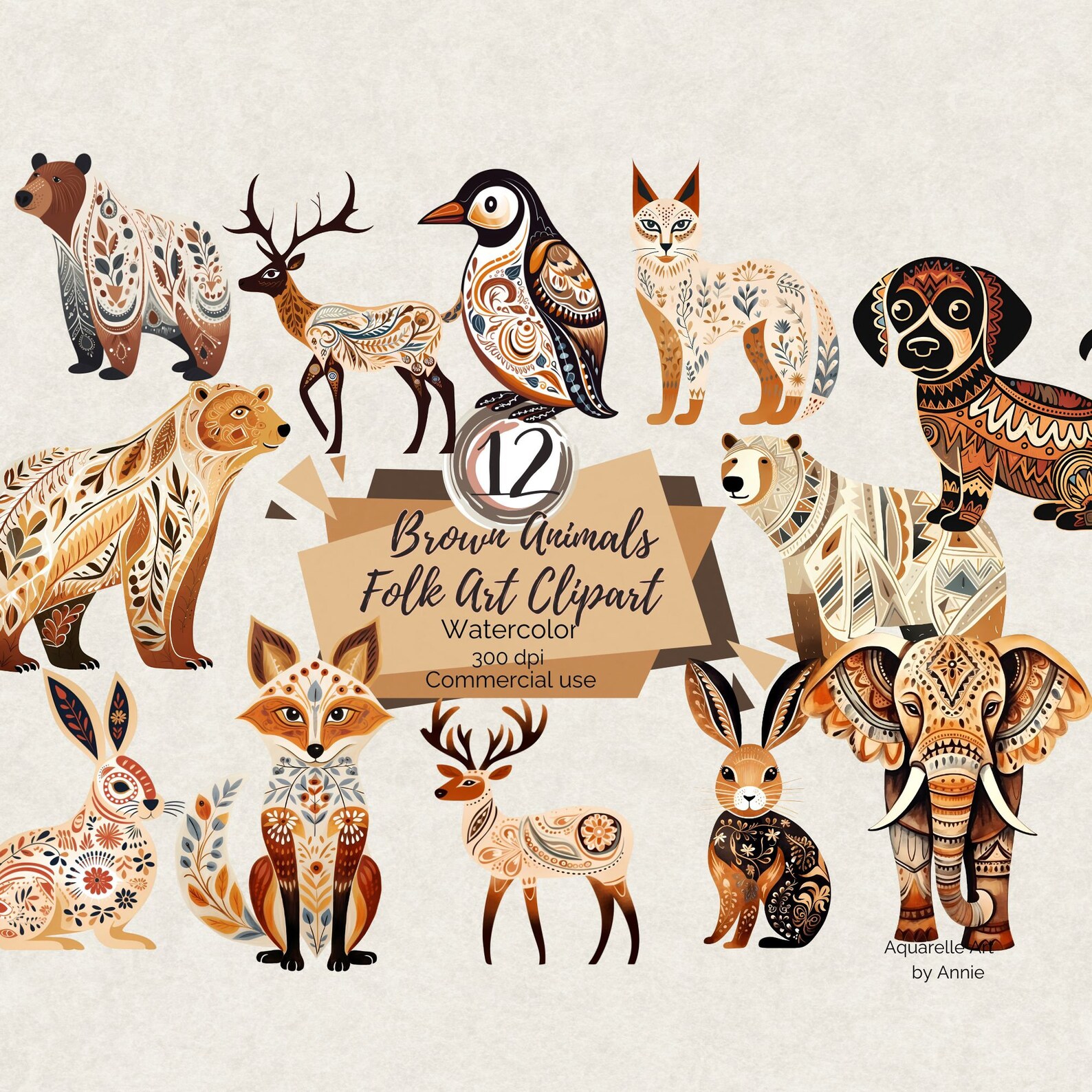Watercolor Folk Art Brown Clipart, Brown Animal Clipart, Folk Art ...