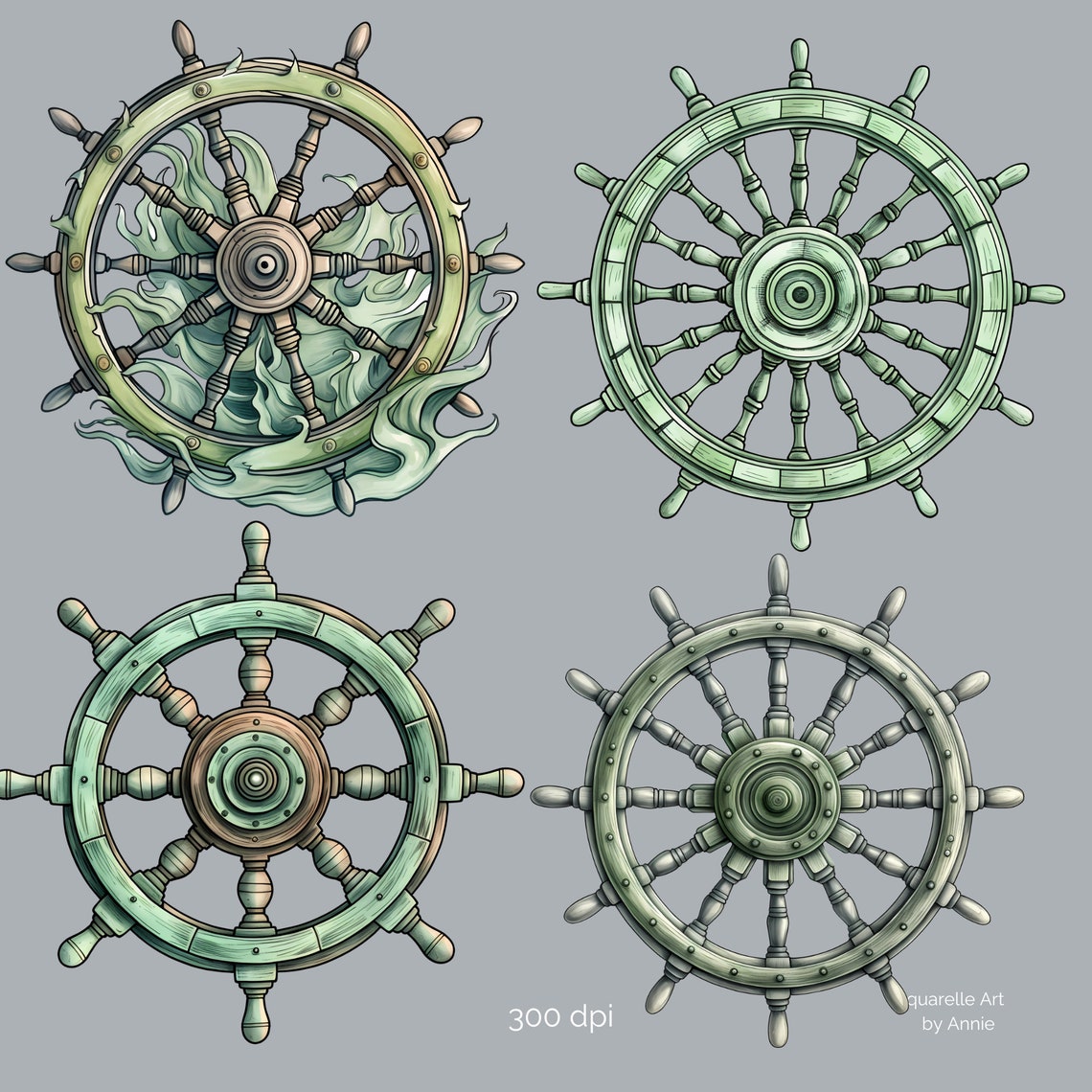Watercolor Nautical Ship Wheel Clipart, Blue Shipwheel Decorated ...