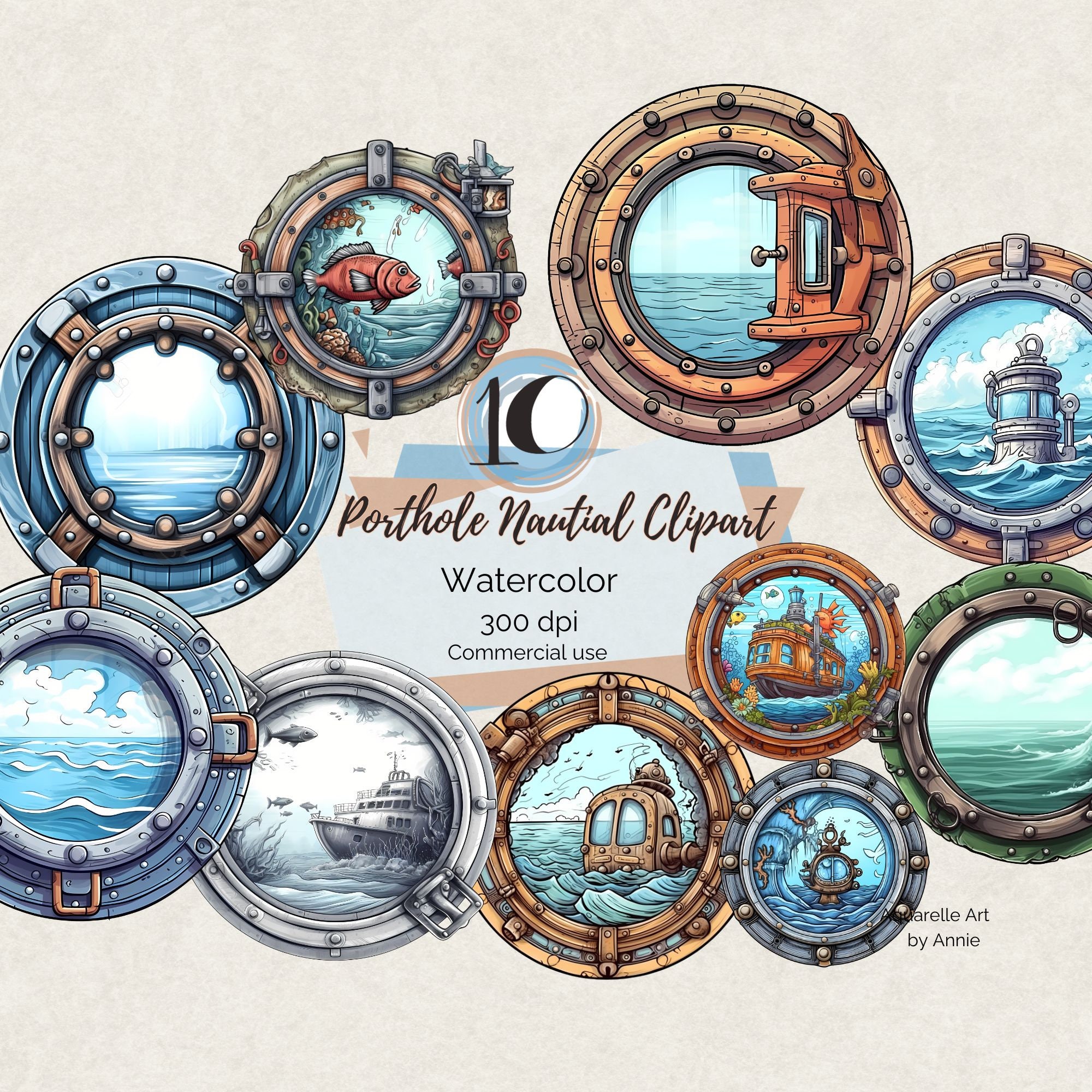 Watercolor Ocean Porthole Clipart, Porthole Decorated Clipart, Nautical ...