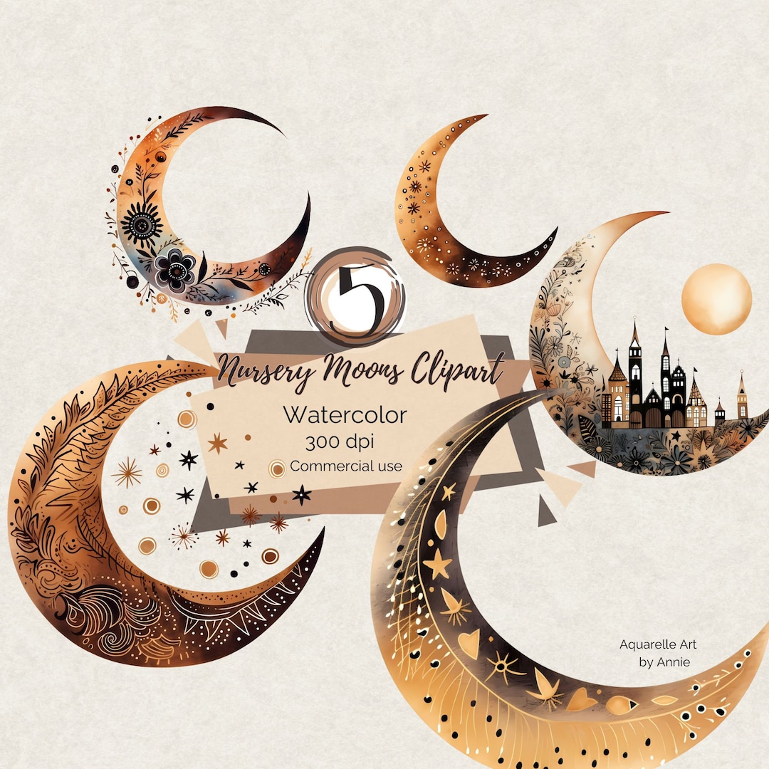 Watercolor Moon Clipart, Decorated Brown Moon Clipart, Nursery Clipart ...