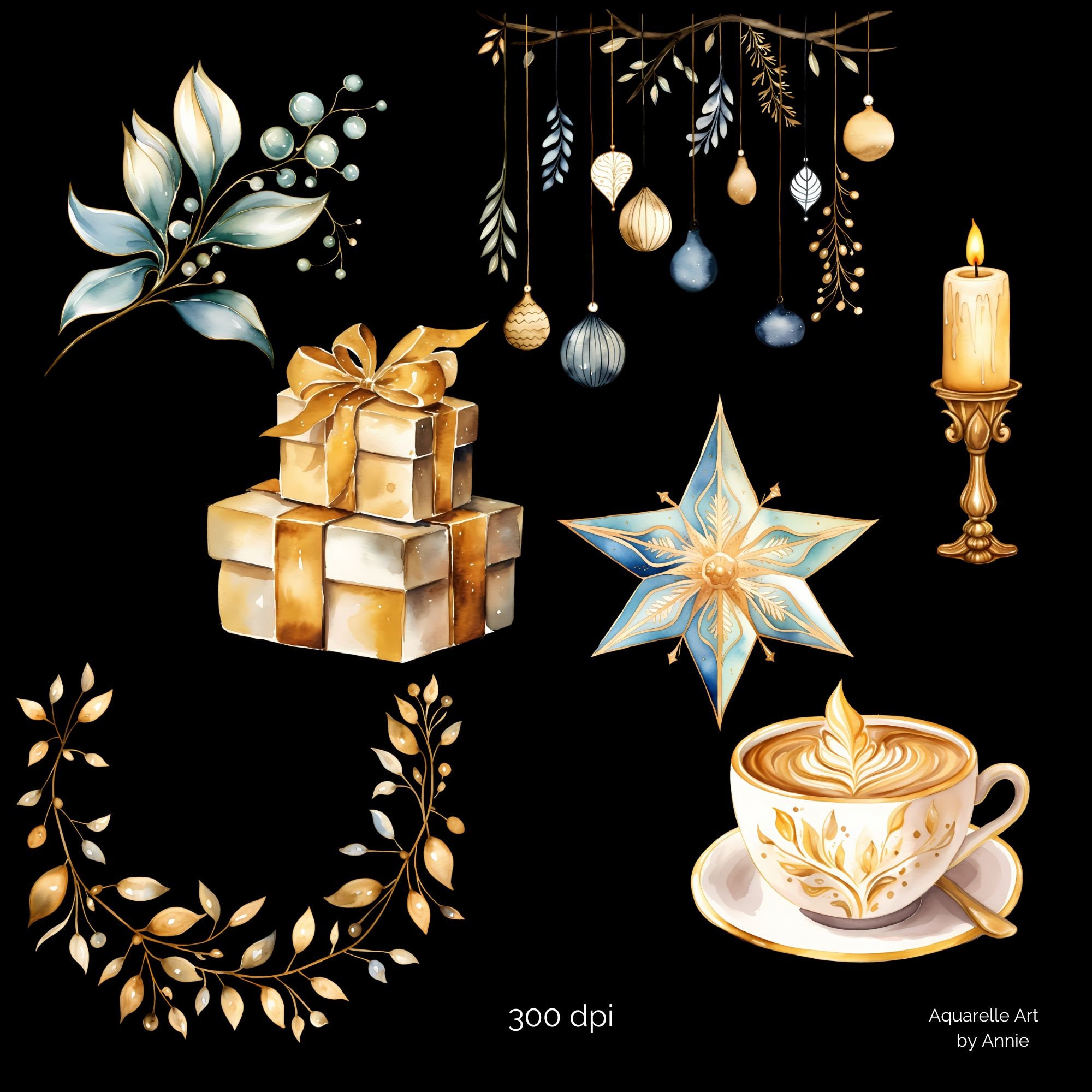 Watercolor Christmas Gold Clipart, Cute Christmas Gold Star Clipart ...