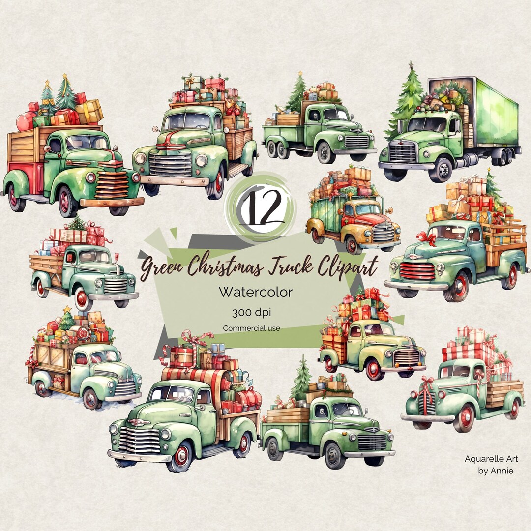 Watercolor Green Christmas Truck Clipart, Christmas Truck Clipart, Car ...