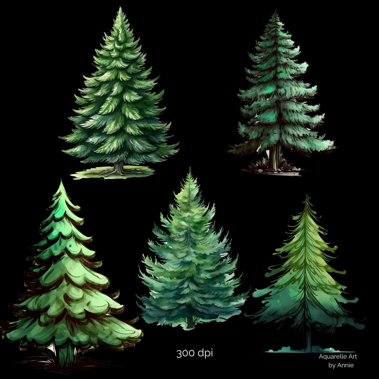 Watercolor Christmas Trees Clipart, Green Christmas Tree Clipart, Green ...