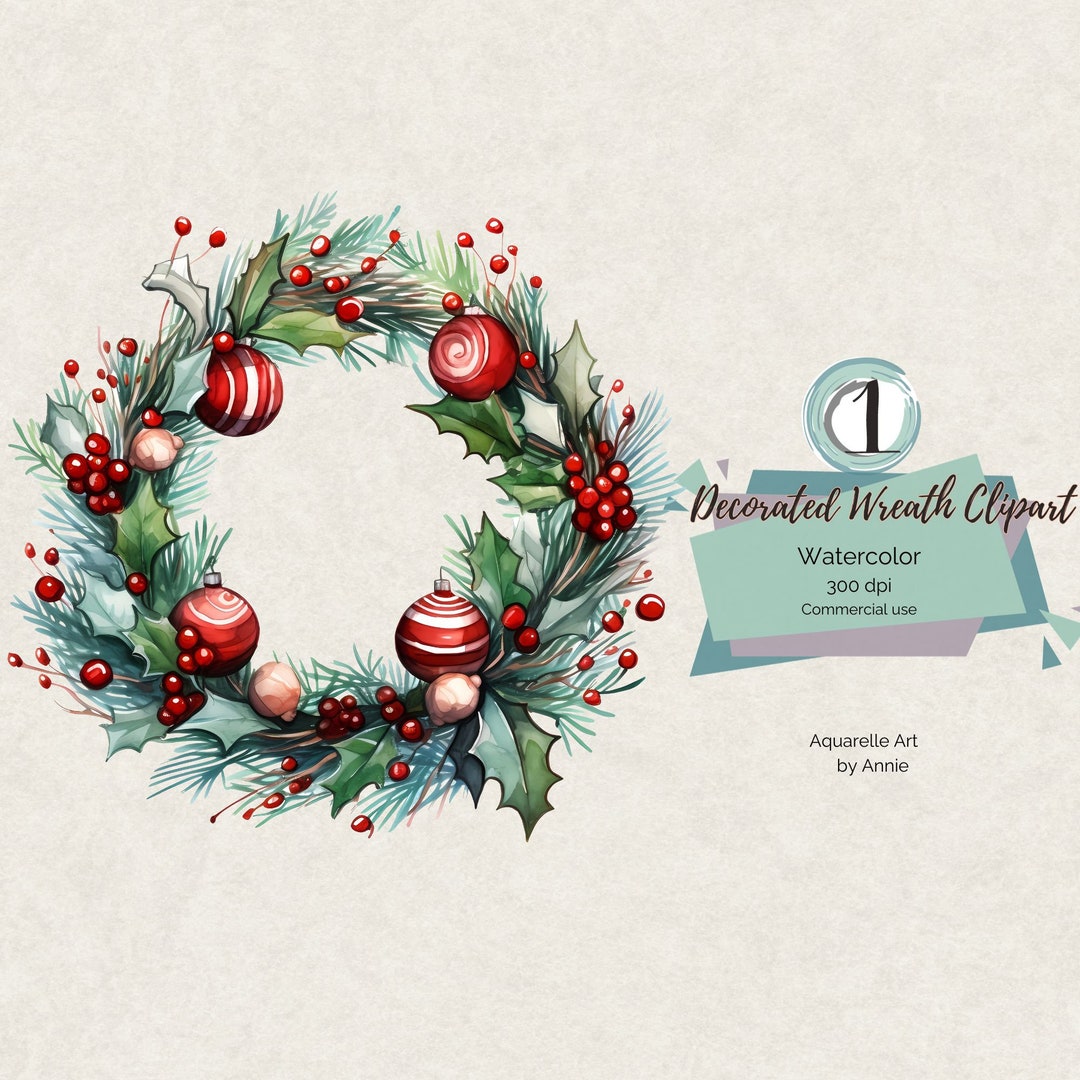 Watercolor Christmas Wreaths Clipart, Christmas Wreath Clipart, Xmas ...