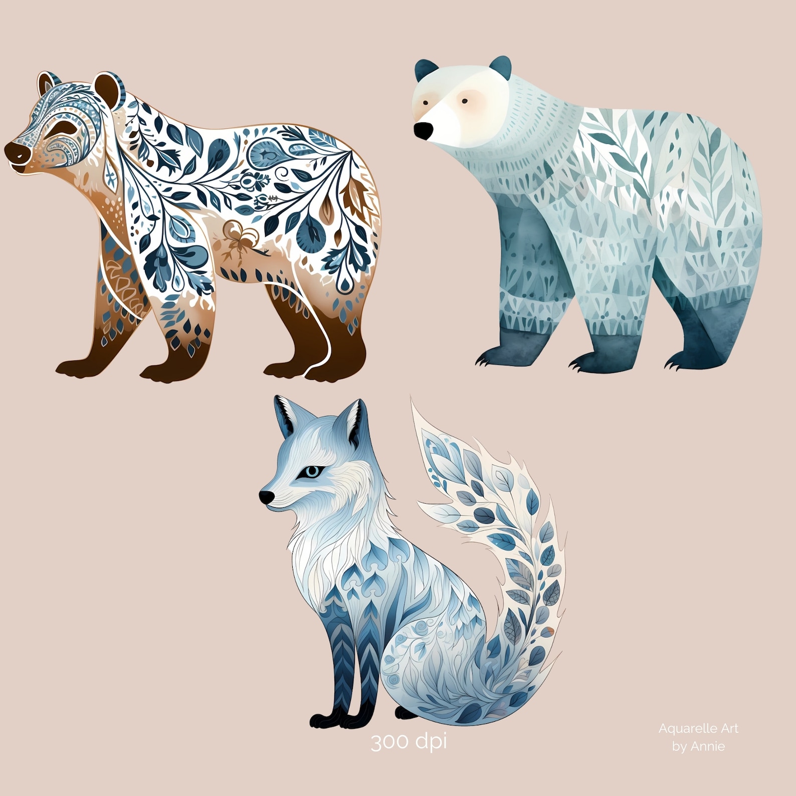 Watercolor Folk Art Blue Clipart, Cute Folk Art Clipart, Fox Folk Art ...