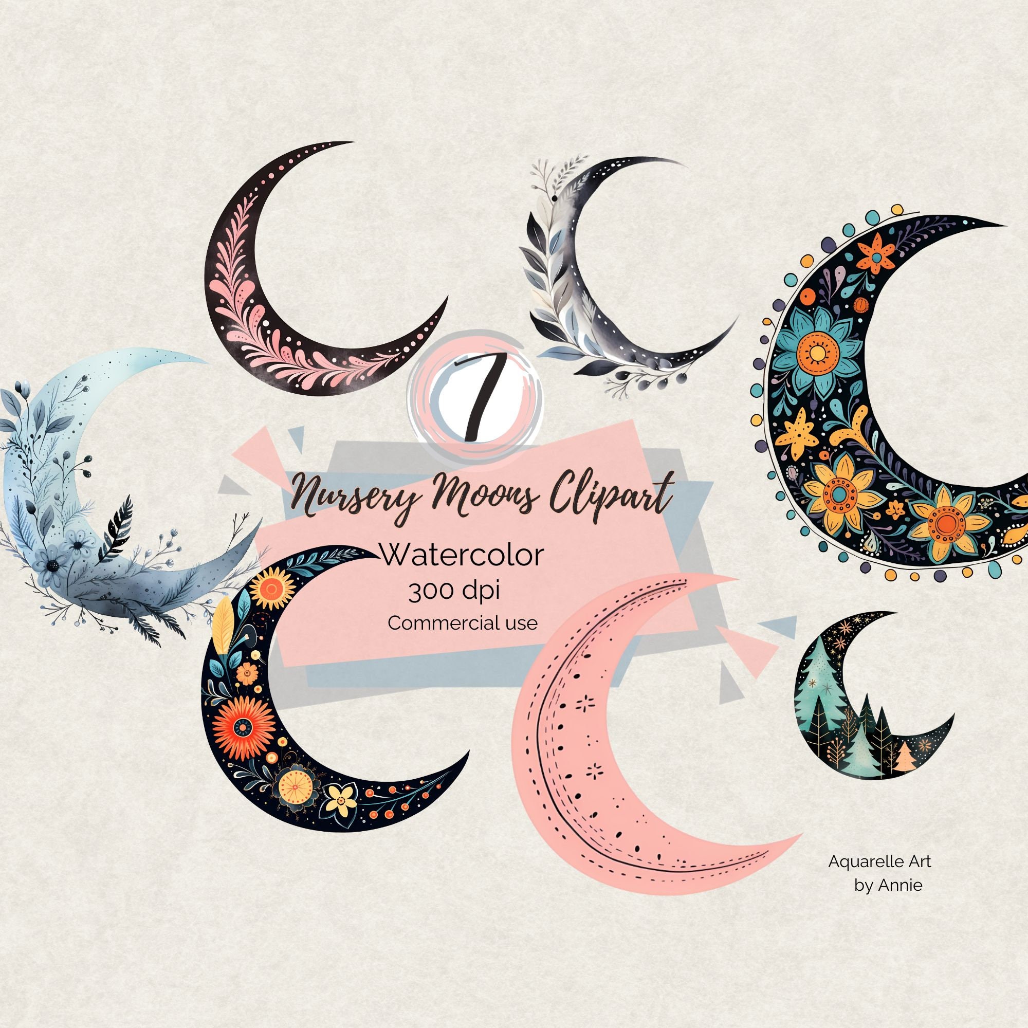 Watercolor Pink Moon Clipart, Cute Nursery Moon Clipart, Nursery ...