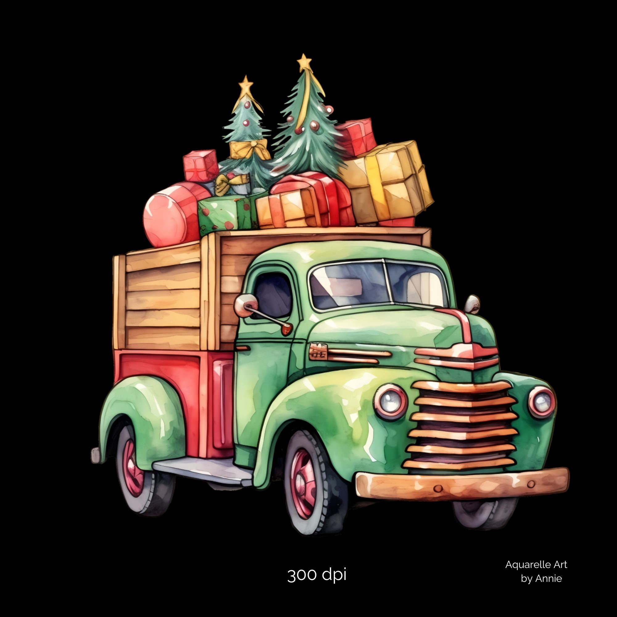Watercolor Green Christmas Truck Clipart, Christmas Truck Clipart, Car ...