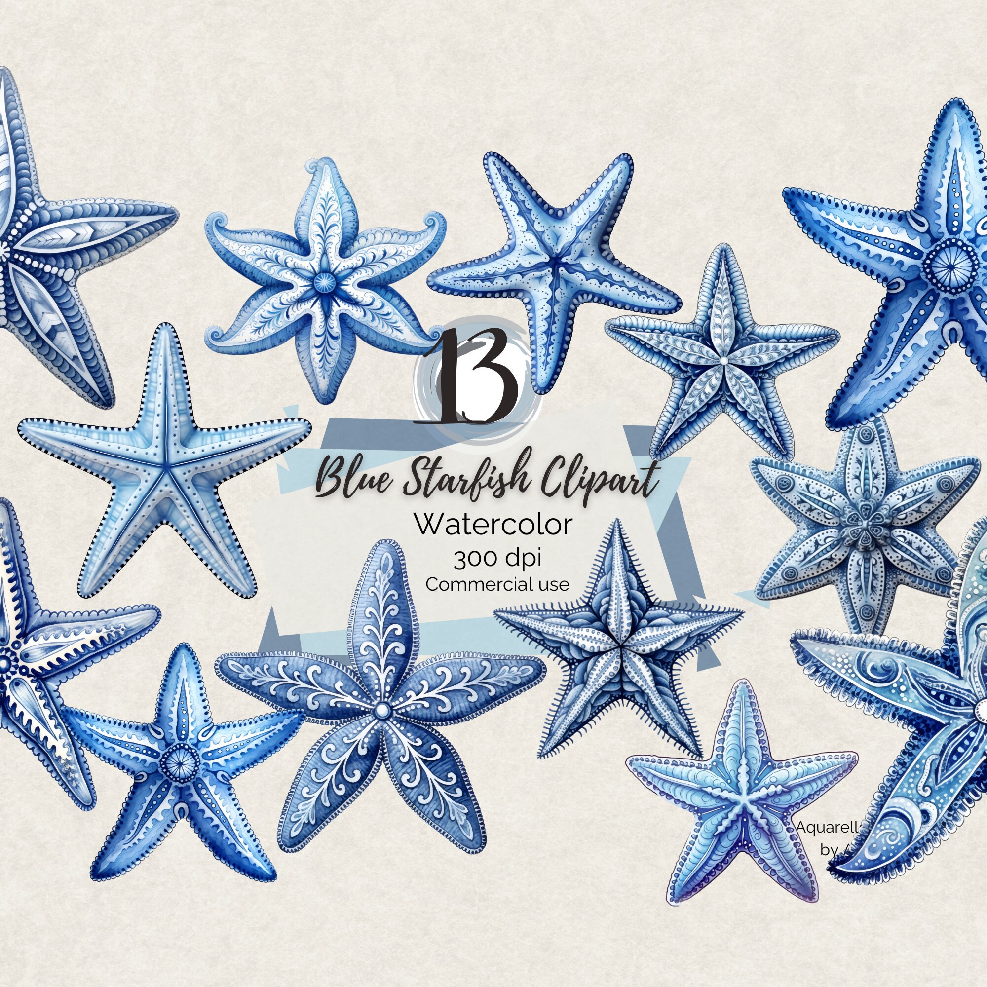 Watercolor Nautical Starfish Clipart, Blue Starfish Decorated Clipart ...