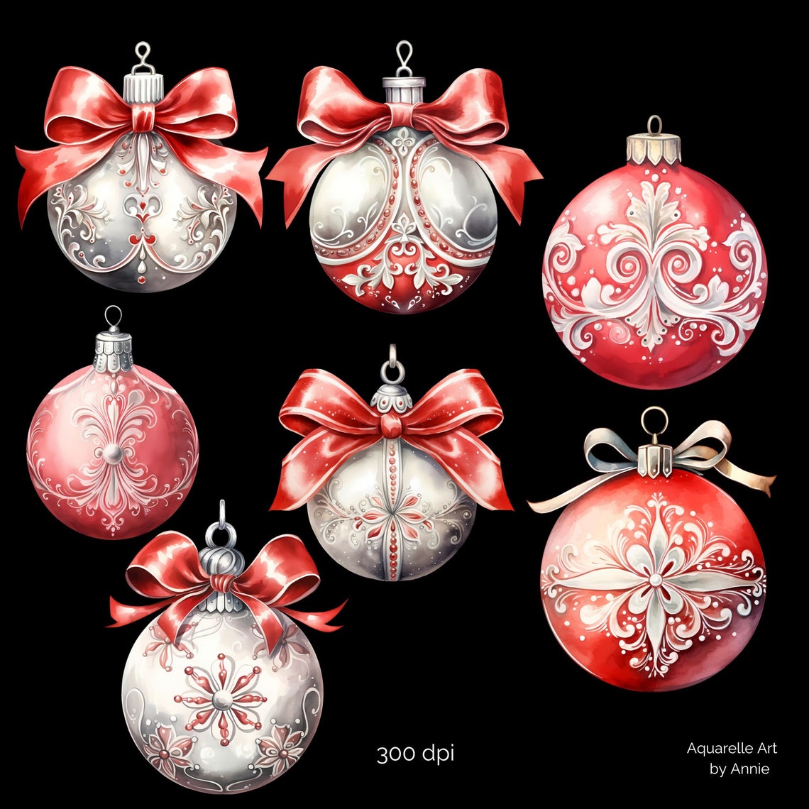 Watercolor Christmas Ornament Clipart Red and Silver Ornament - Etsy