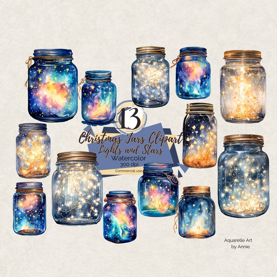 Watercolor Christmas Star Jars Clipart, Lights in a Jar Clipart, Xmas ...