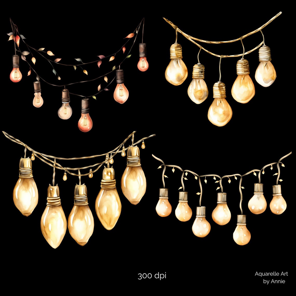 Watercolor Christmas Lights Clipart, String Lights Clipart, Xmas Lights ...