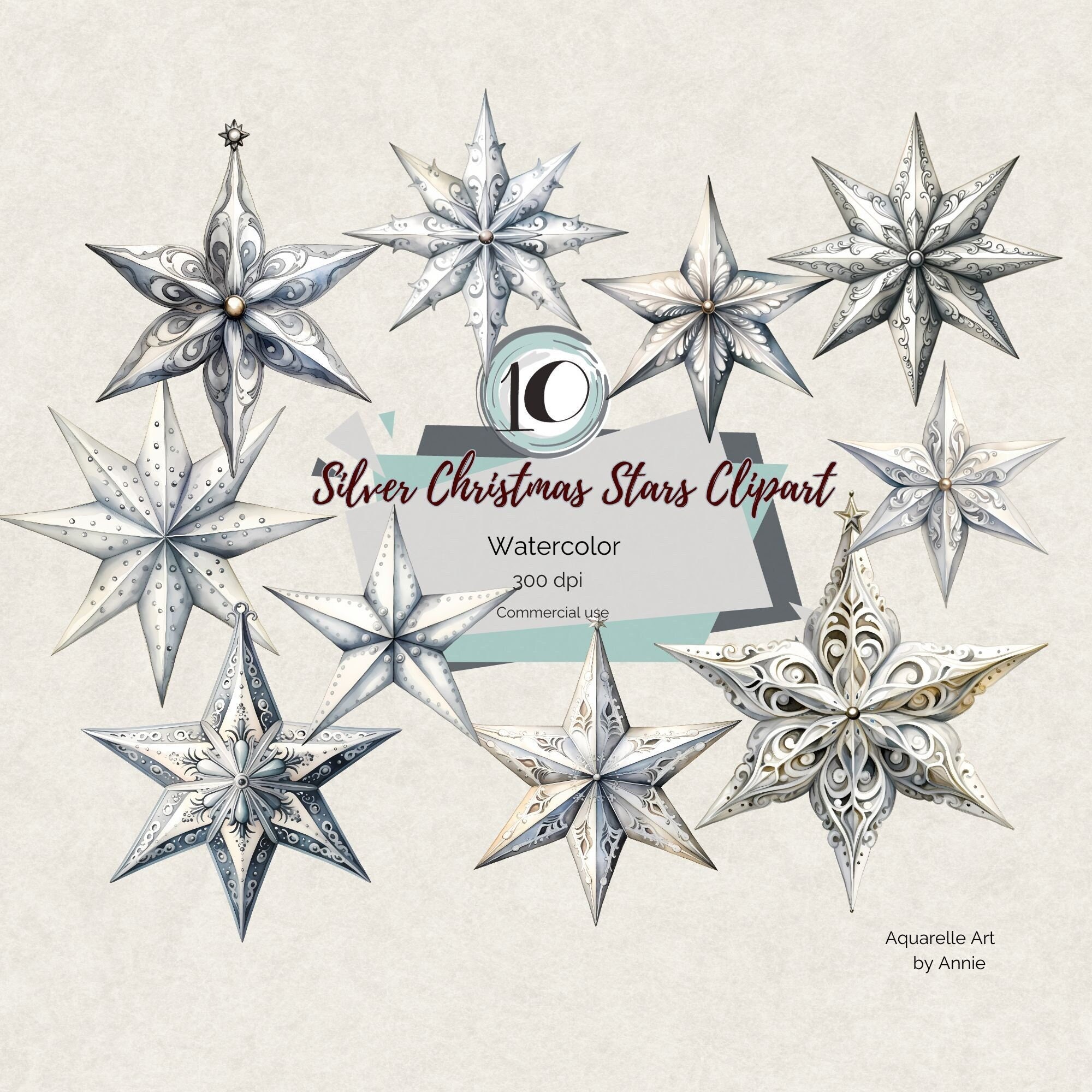 Watercolor Christmas Star Clipart, Cute Christmas Silver Star Clipart ...