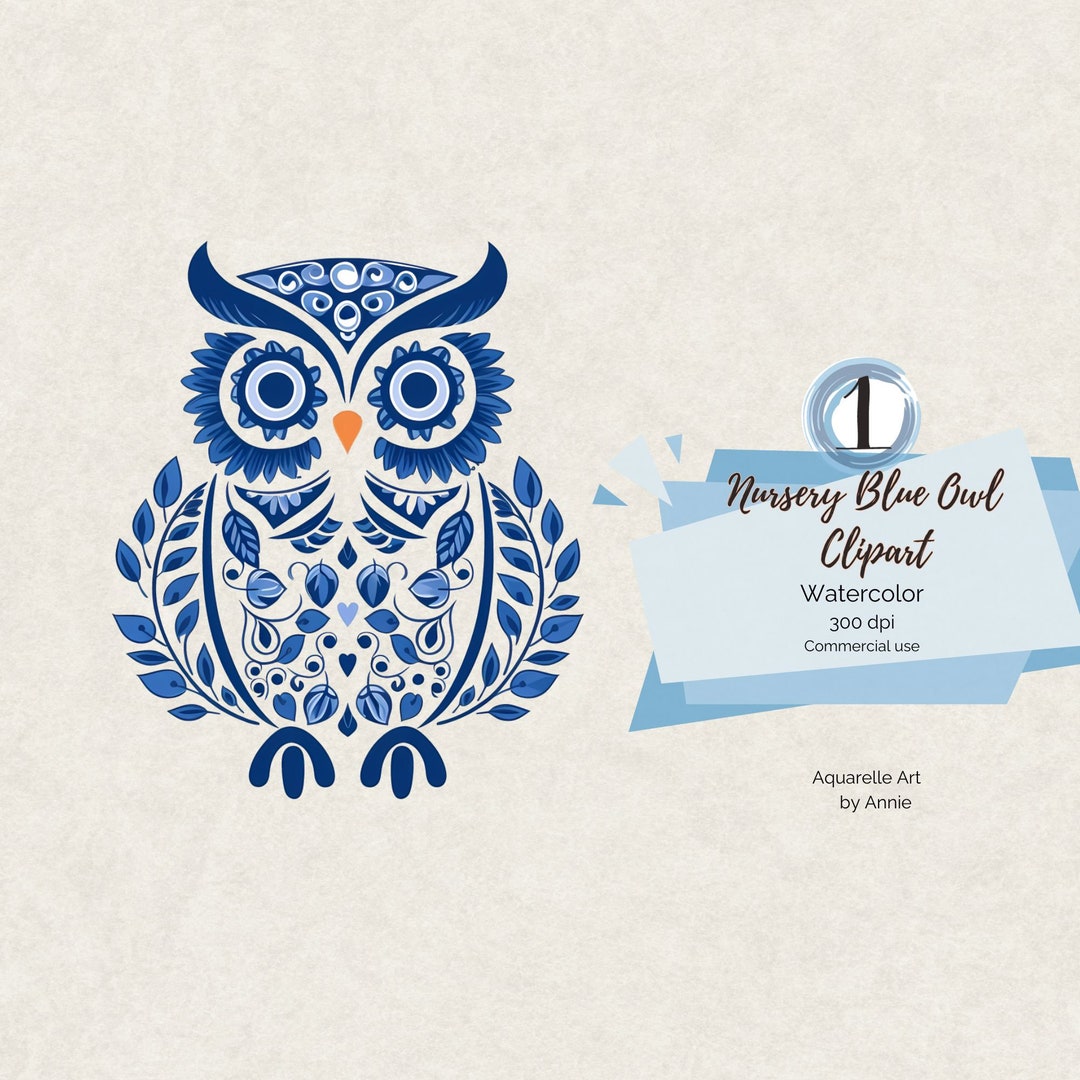 Watercolor Blue Owl Clipart, Cute Nursery Owl Clipart, Nursery Clipart ...
