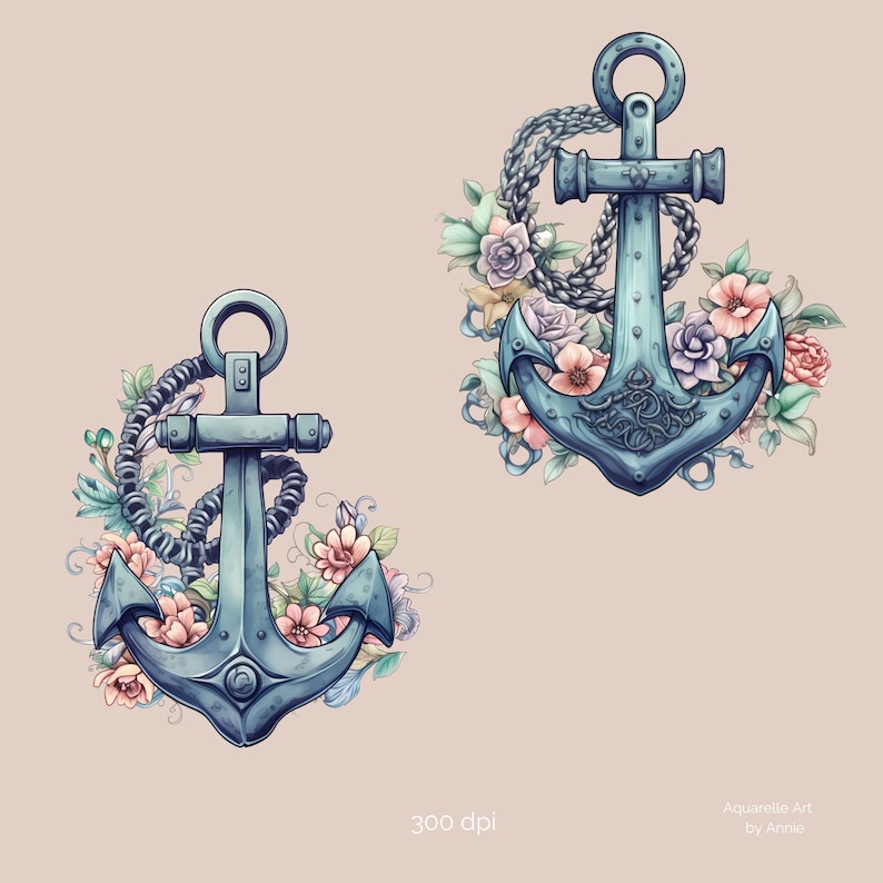 Watercolor Nautical Anchor Clipart, Anchor Decorated Clipart, Grey ...