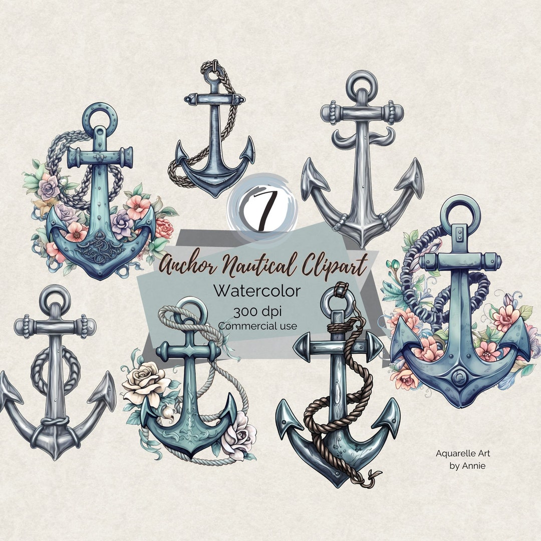 Watercolor Nautical Anchor Clipart, Anchor Decorated Clipart, Grey ...