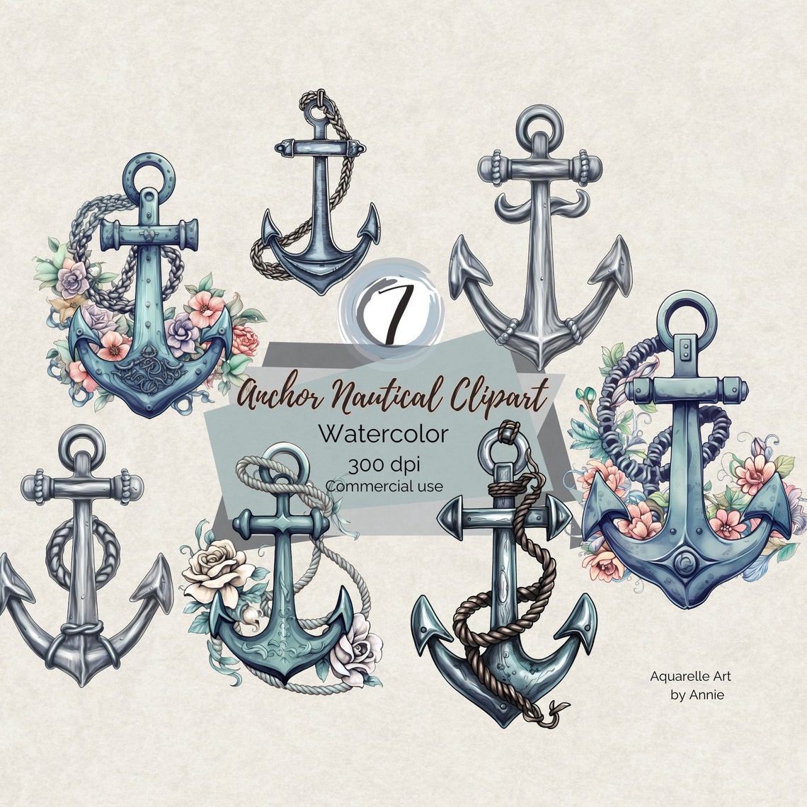 Watercolor Nautical Anchor Clipart, Anchor Decorated Clipart, Grey ...