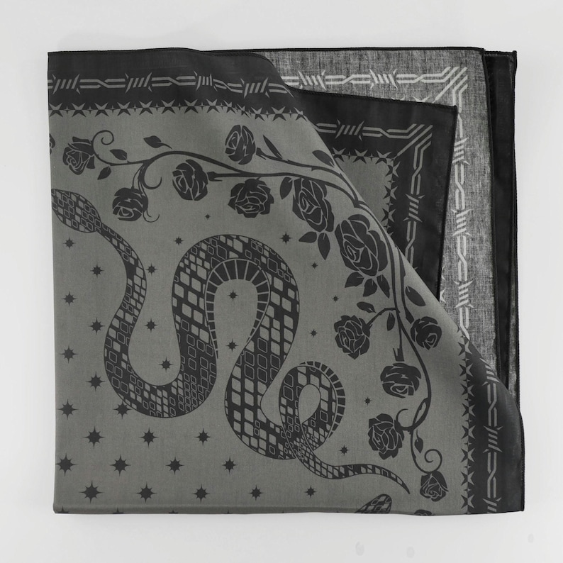 Black Grey Gothic Snake 100% Cotton Bandana Exclusive Floral Serpent ...