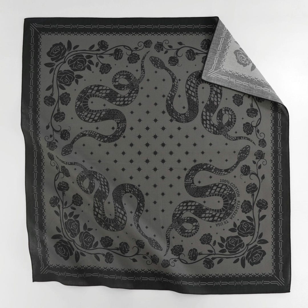 Black Grey Gothic Snake 100% Cotton Bandana Exclusive Floral Serpent ...