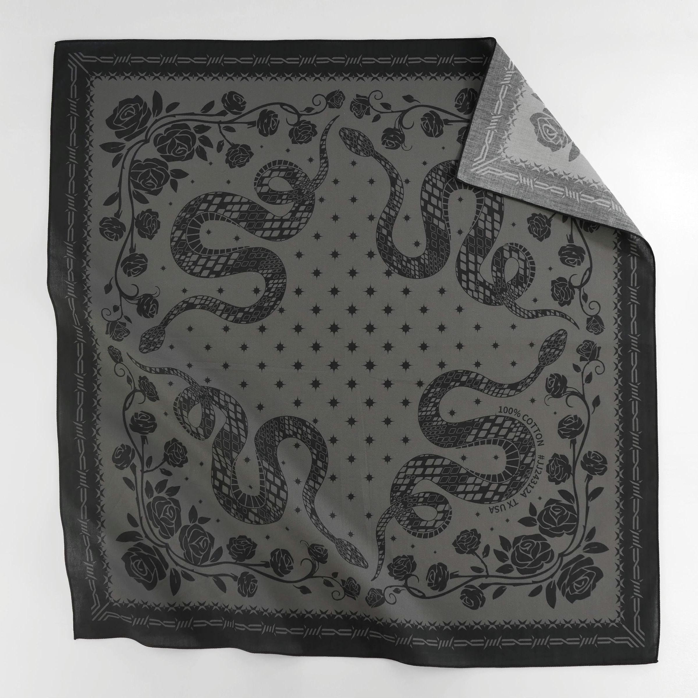 Black Grey Gothic Snake 100% Cotton Bandana Exclusive Floral Serpent ...