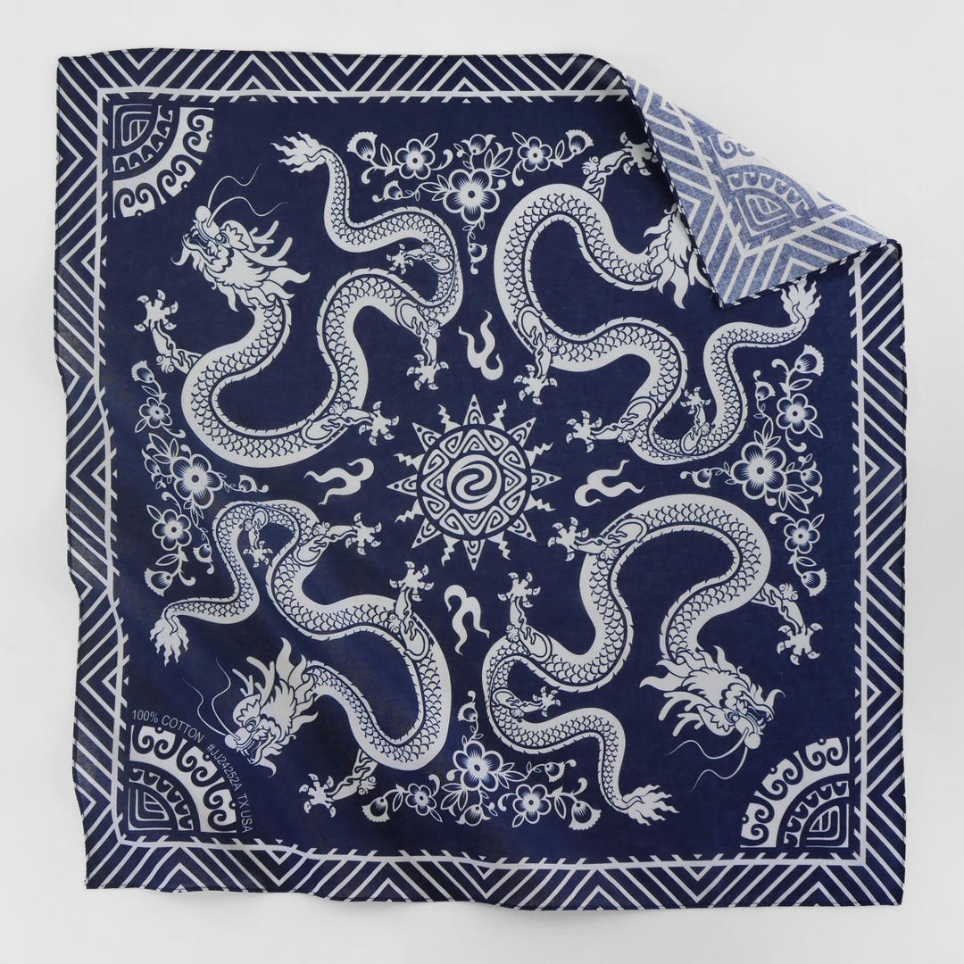 Pottery Blue Asian Dragon 100% Cotton Botanical Folklore Bandana Indigo ...