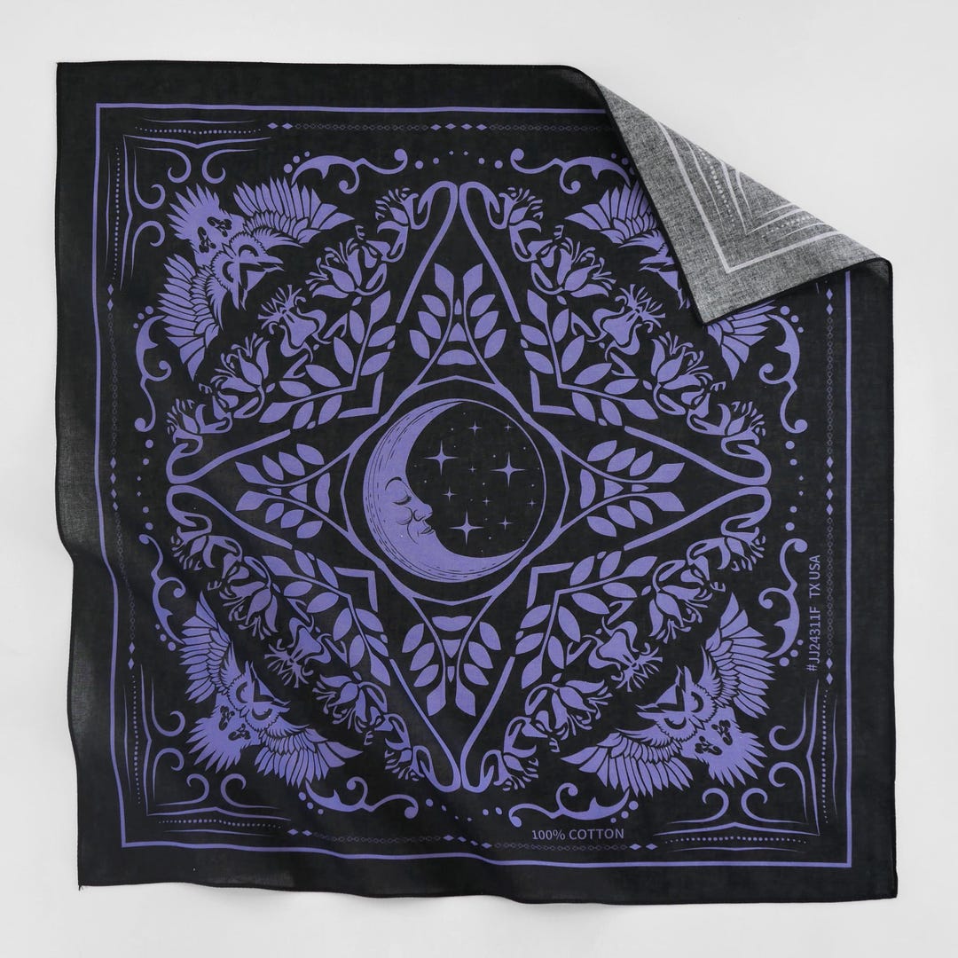 Purple Moon Black Night Owl Bandana Original Design Cotton Handkerchief ...