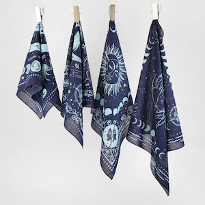 Exclusive Design Zodiac Cotton Bandana Blue Square Scarf Sun Moon Star ...