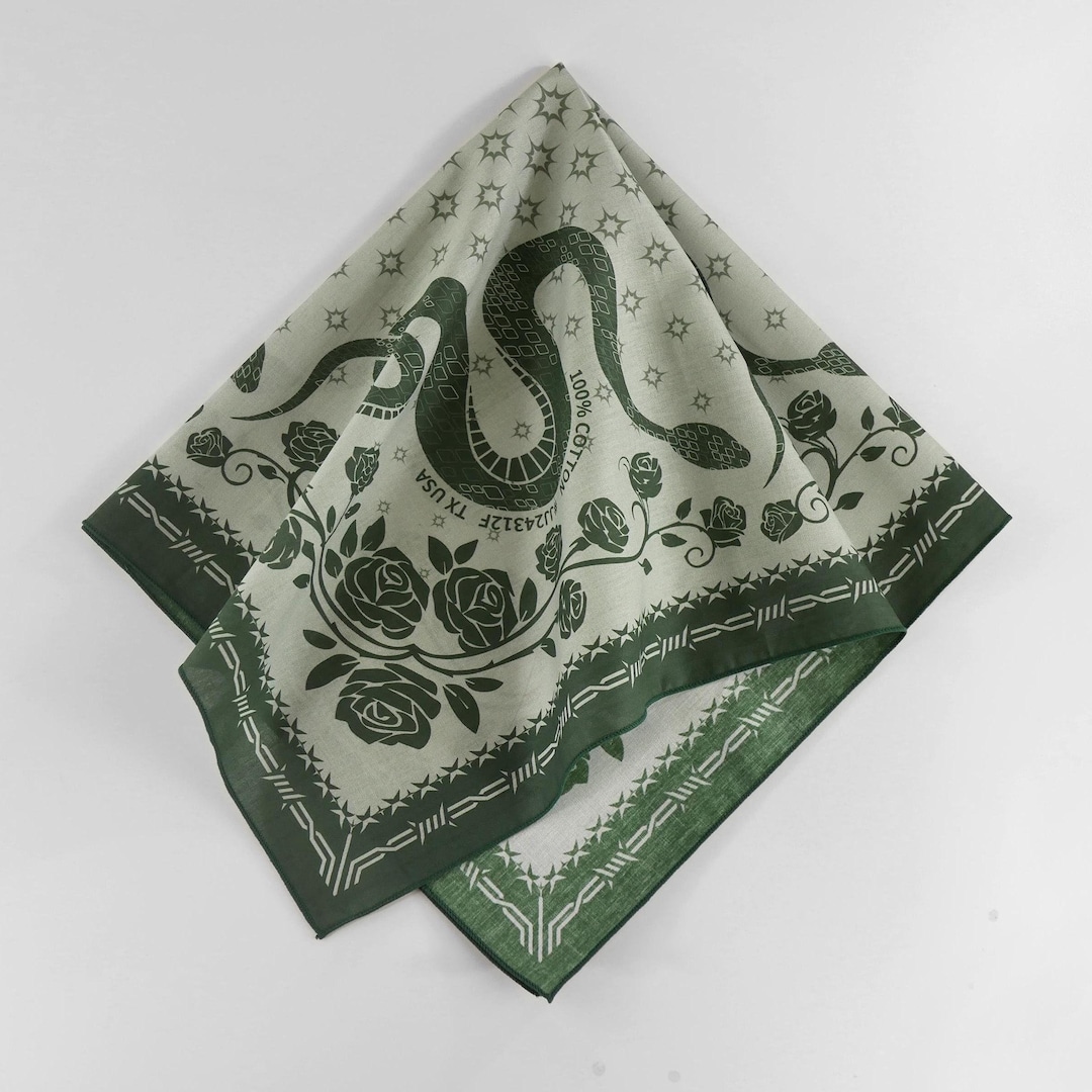 Two Tone Moss Green Gothic Floral Snake Cotton Bandana Rose Square ...