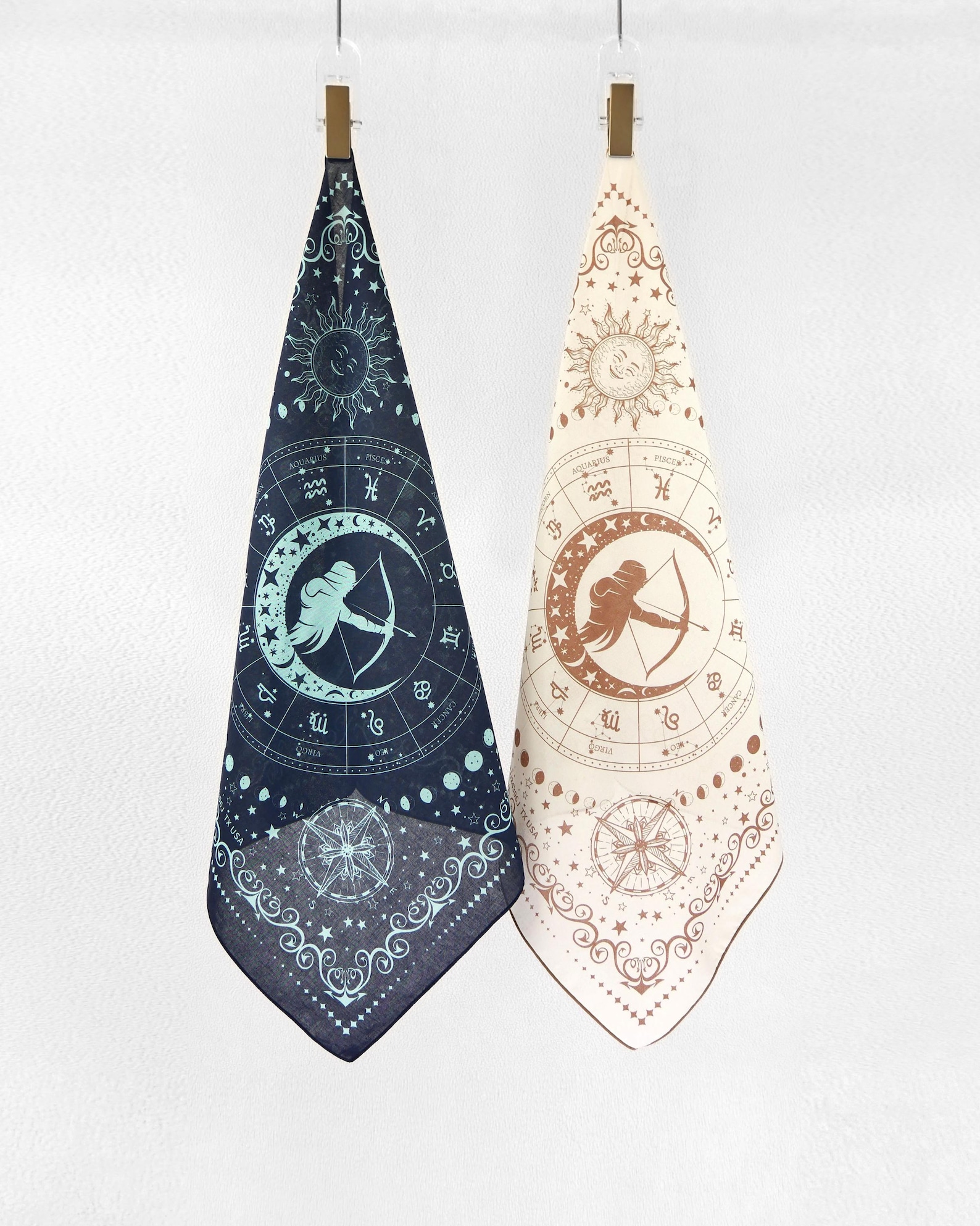 Exclusive Design Zodiac Cotton Bandana Brown Square Scarf Sun Moon Star ...