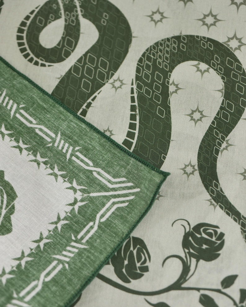 Two Tone Moss Green Gothic Floral Snake Cotton Bandana Rose Square ...