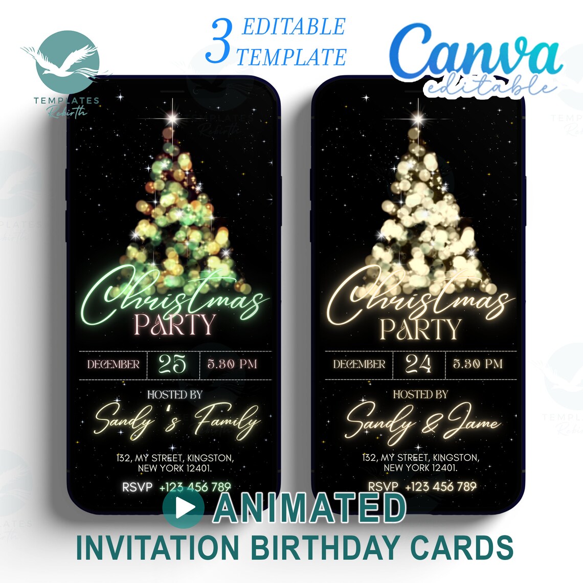 Animated Christmas Party Invitation: Black & Gold Canva Template ...