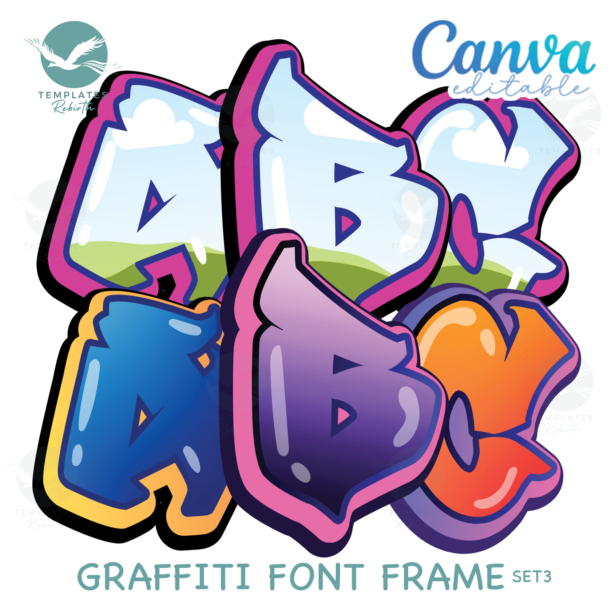 Graffiti Alphabet Uppercase Frame CANVA Editable Set 3.fill Your Own ...