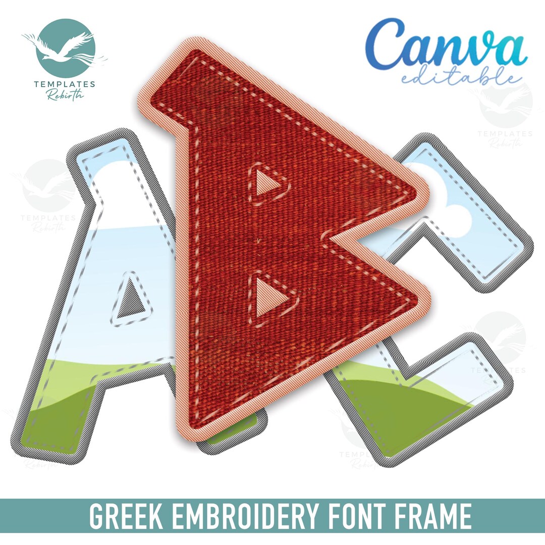 Greek Embroidery Font Frame: Canva Template, Faux Stitching Alphabet ...