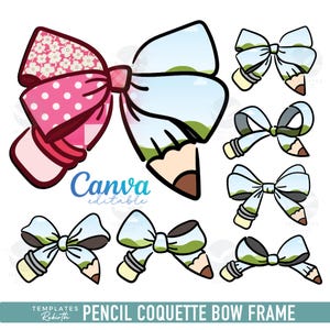 Pencil Coquette Bows Frames Canva Editable, Teacher Pencil Ribbon ...