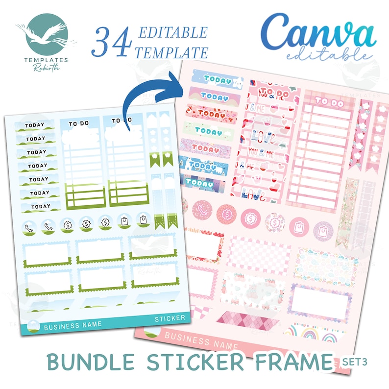 Bundle Sticker Frame CANVA Editable Set 3. Custom Sticker Sheets ...