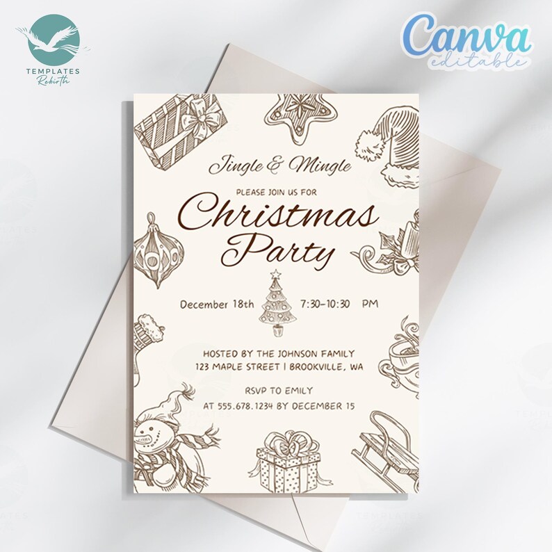 Christmas Hand Drawn Card Invitation Canva Editable Template, Jingle ...