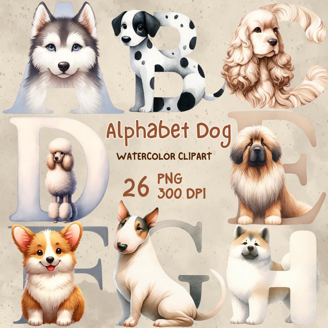 Dog Font, Alphabet PNG, Dog Letters Clipart, Watercolor Clipart,cute ...
