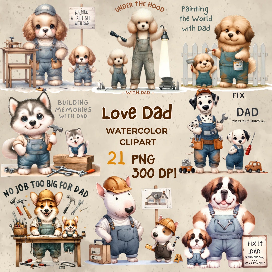 Father's Day Watercolor Clipart: Dad & Kid Animal Bundle (PNG Digital ...