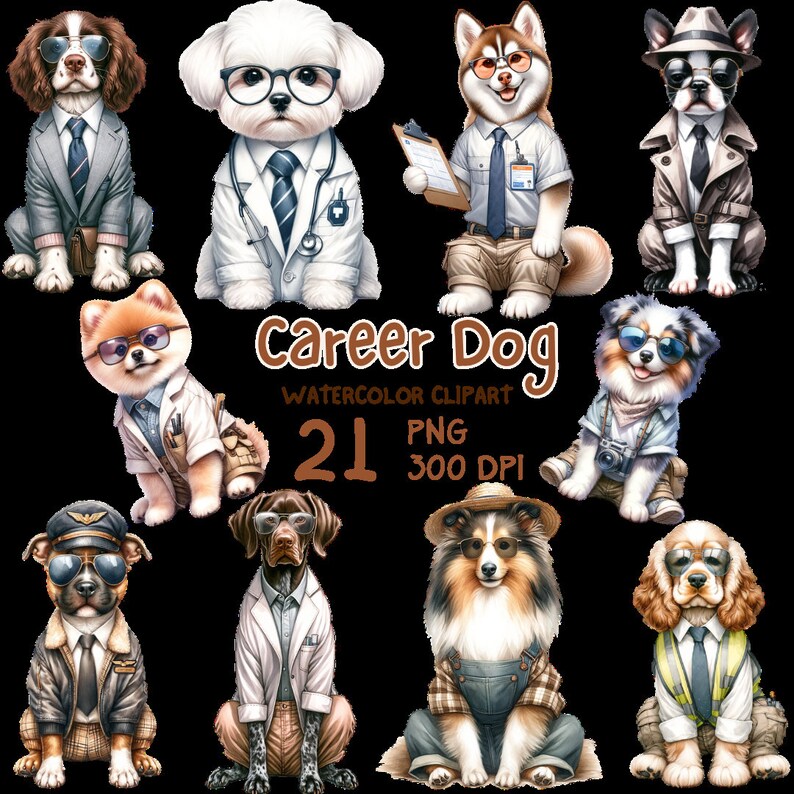 Career Dog, Animal Bundle, Watercolor Clipart, Kawaii Clipart, Cute ...