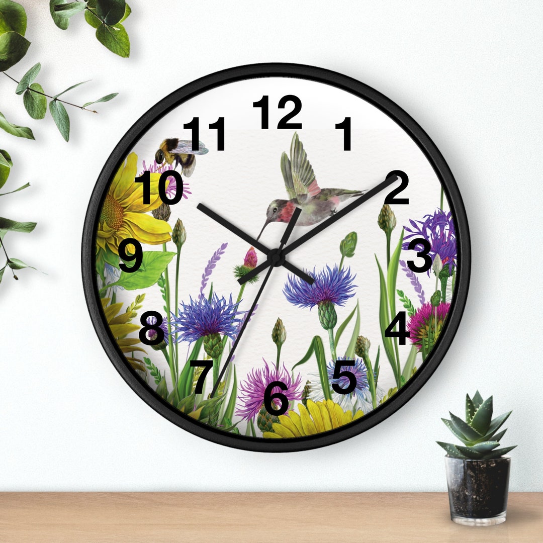 Wall Clock With Numbers, Silent Clock, Hummingbird, Floral, Sunflowers ...