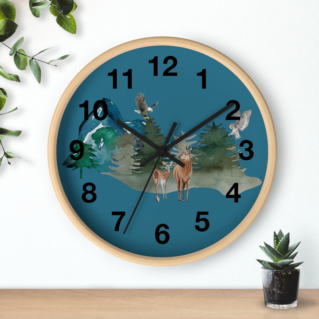 Watercolor Mountain, Trees, Wildlife Wall Clock With Numbers, Forest ...