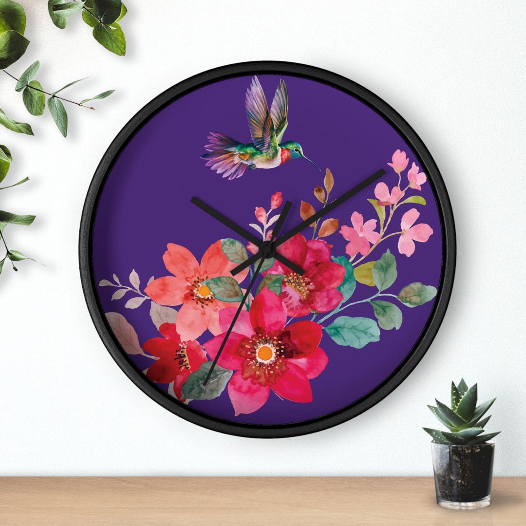 Wall Clock of Hummingbird & Flowers, Nature Decor, Hummingbird Wall ...