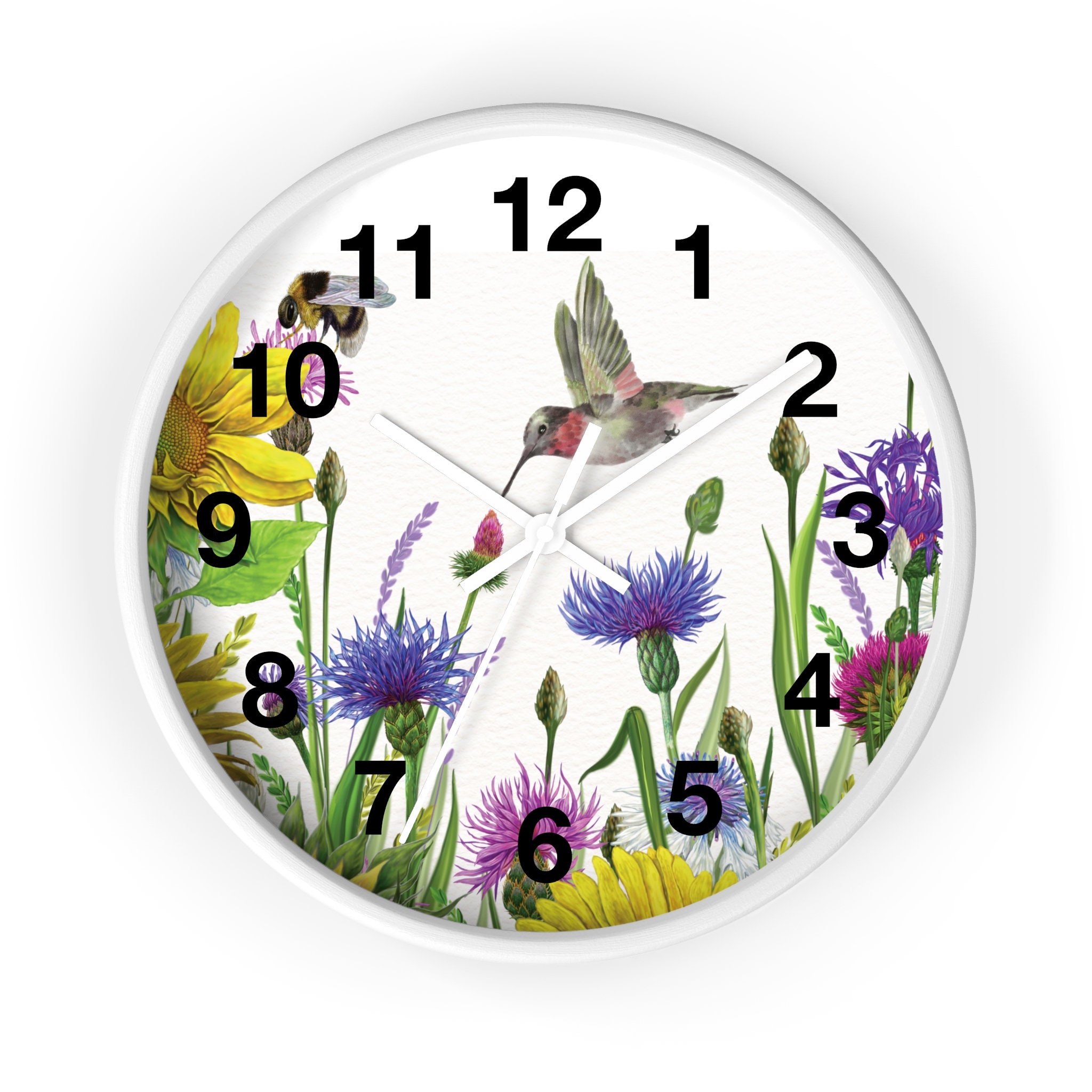 Wall Clock With Numbers, Silent Clock, Hummingbird, Floral, Sunflowers ...